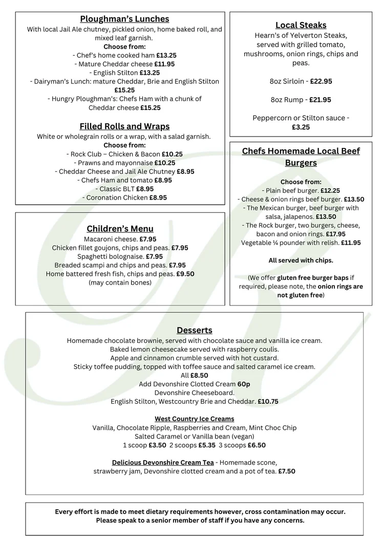 Main Menu — Rock Inn Yelverton