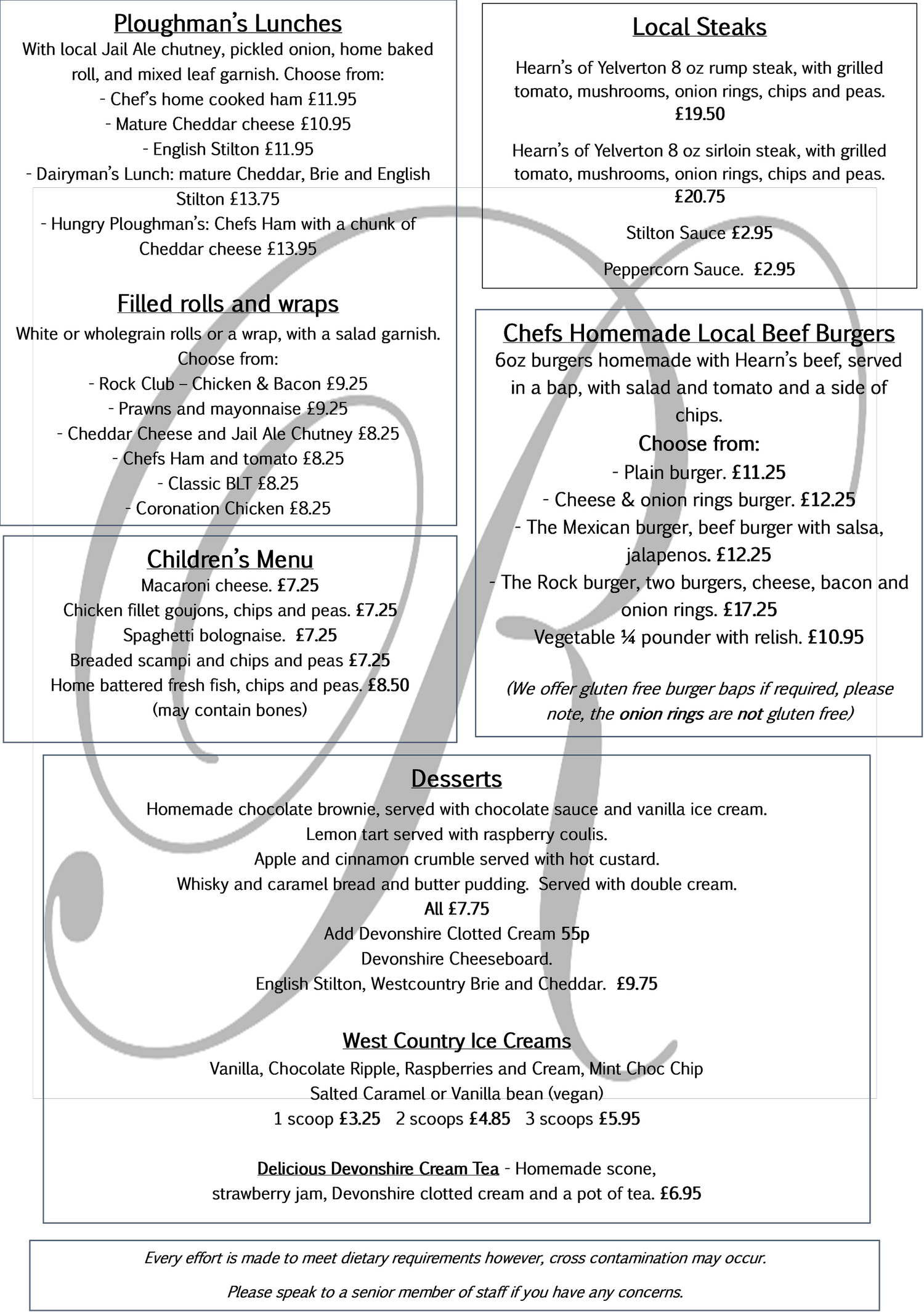Main Menu — Rock Inn Yelverton