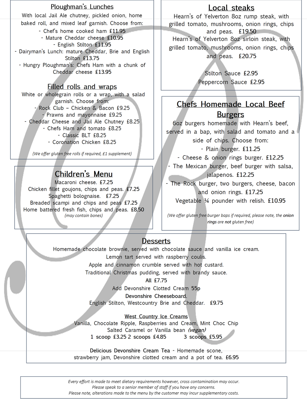 Main Menu — Rock Inn Yelverton