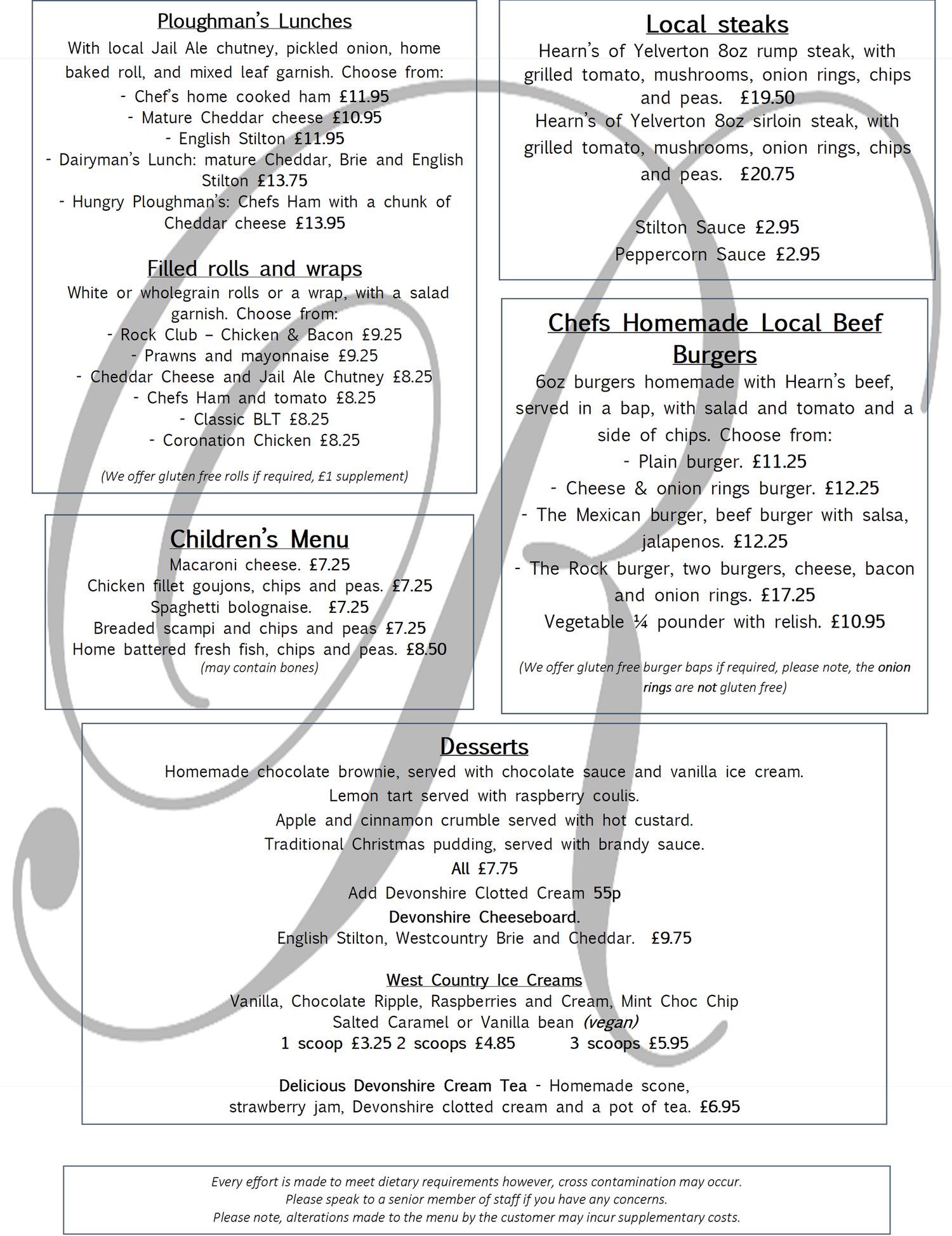 Main Menu — Rock Inn Yelverton