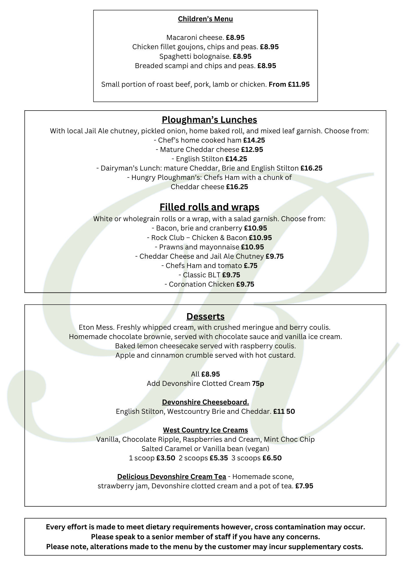 Sunday Menu — Rock Inn Yelverton