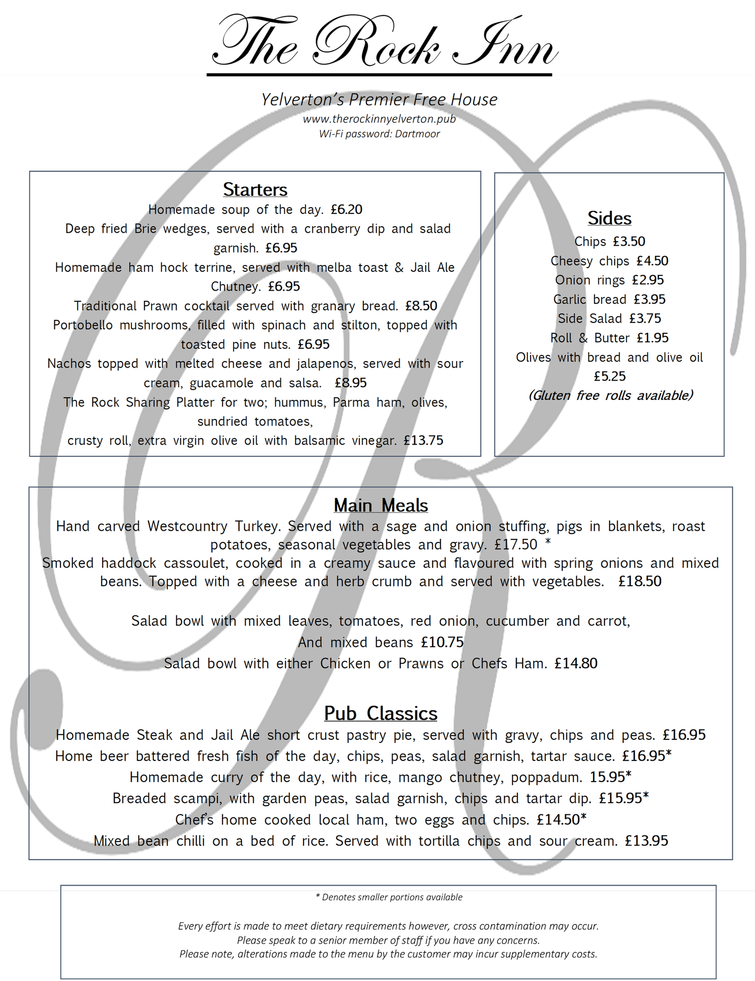 Main Menu — Rock Inn Yelverton