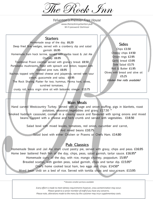 Main Menu — Rock Inn Yelverton