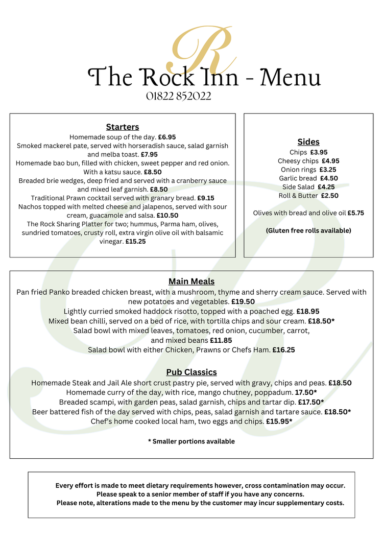 Main Menu — Rock Inn Yelverton