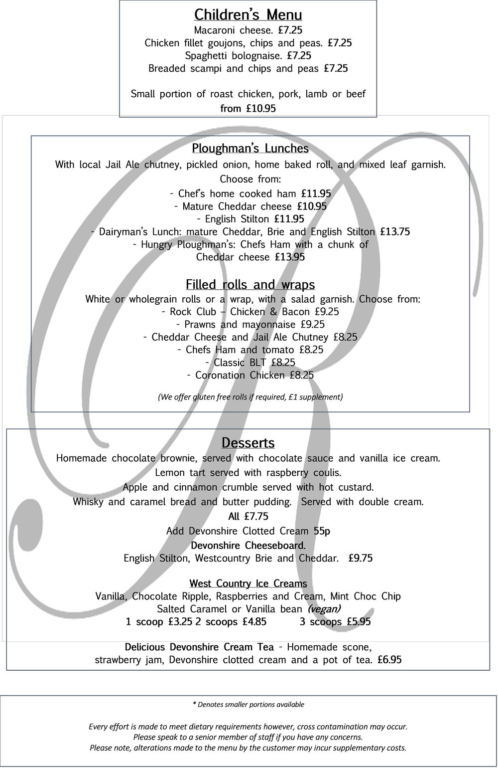 Sunday Menu — Rock Inn Yelverton