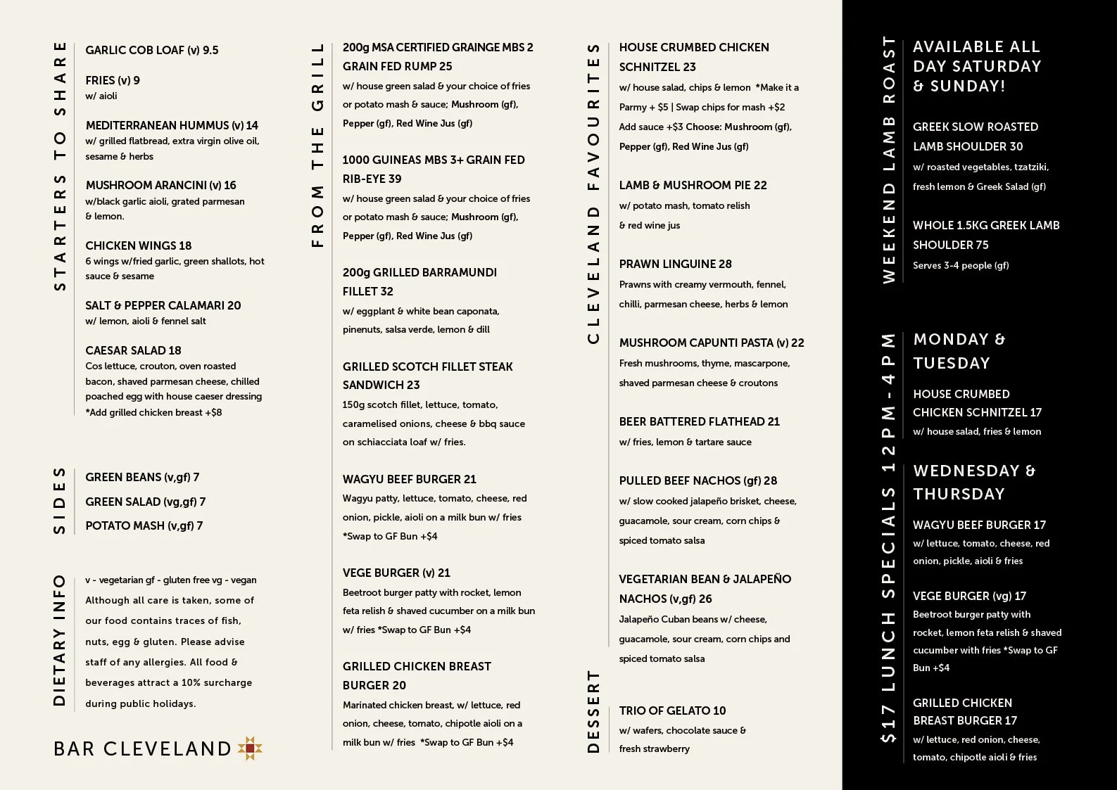 Dine In Menu — Bar Cleveland