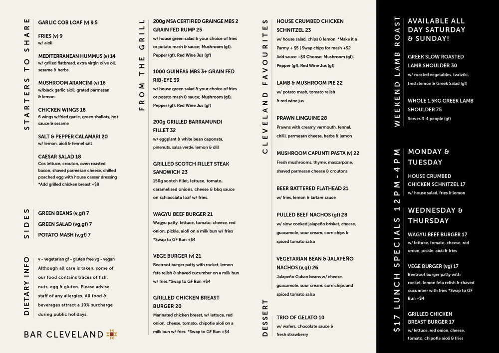 Dine In Menu — Bar Cleveland