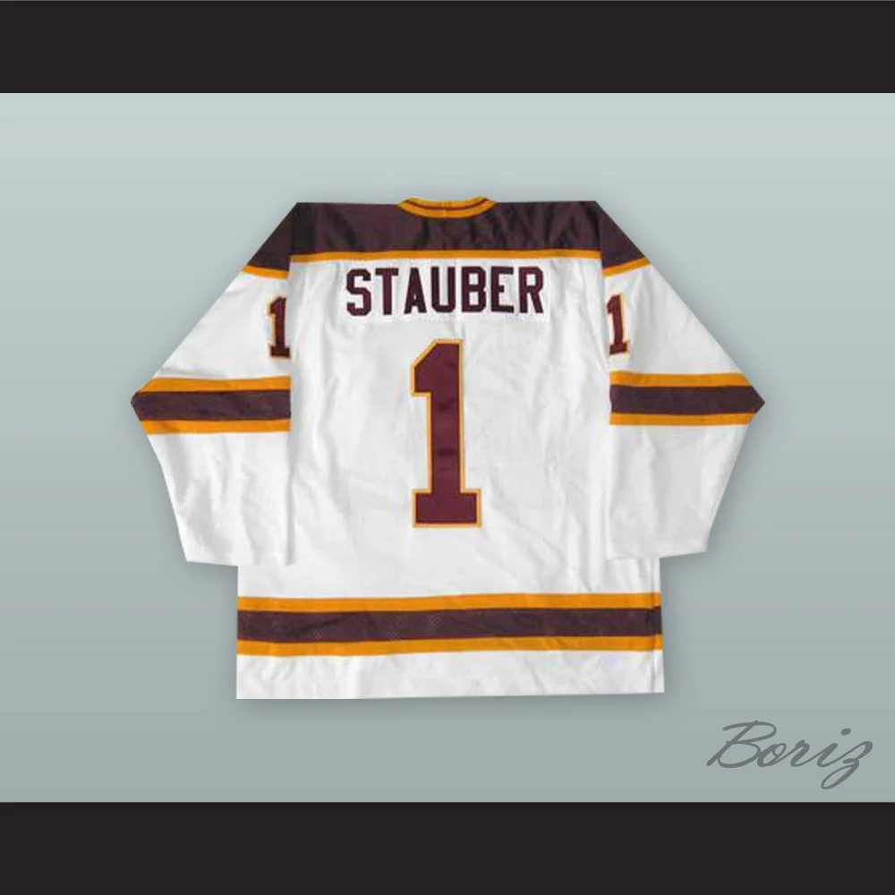 Robb Stauber 1 University of Minnesota White Hockey Jersey — BORIZ