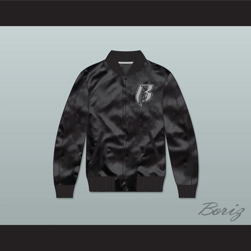 Ruff Ryders Entertainment Black Varsity Letterman Satin Bomber Jacket ...