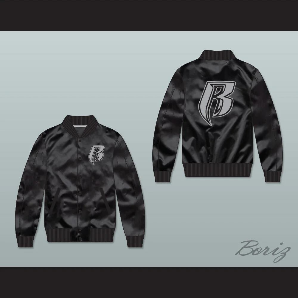 Ruff Ryders Entertainment Black Varsity Letterman Satin Bomber Jacket ...