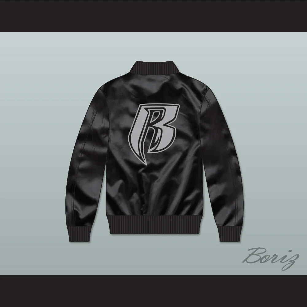 Ruff Ryders Entertainment Black Varsity Letterman Satin Bomber Jacket ...
