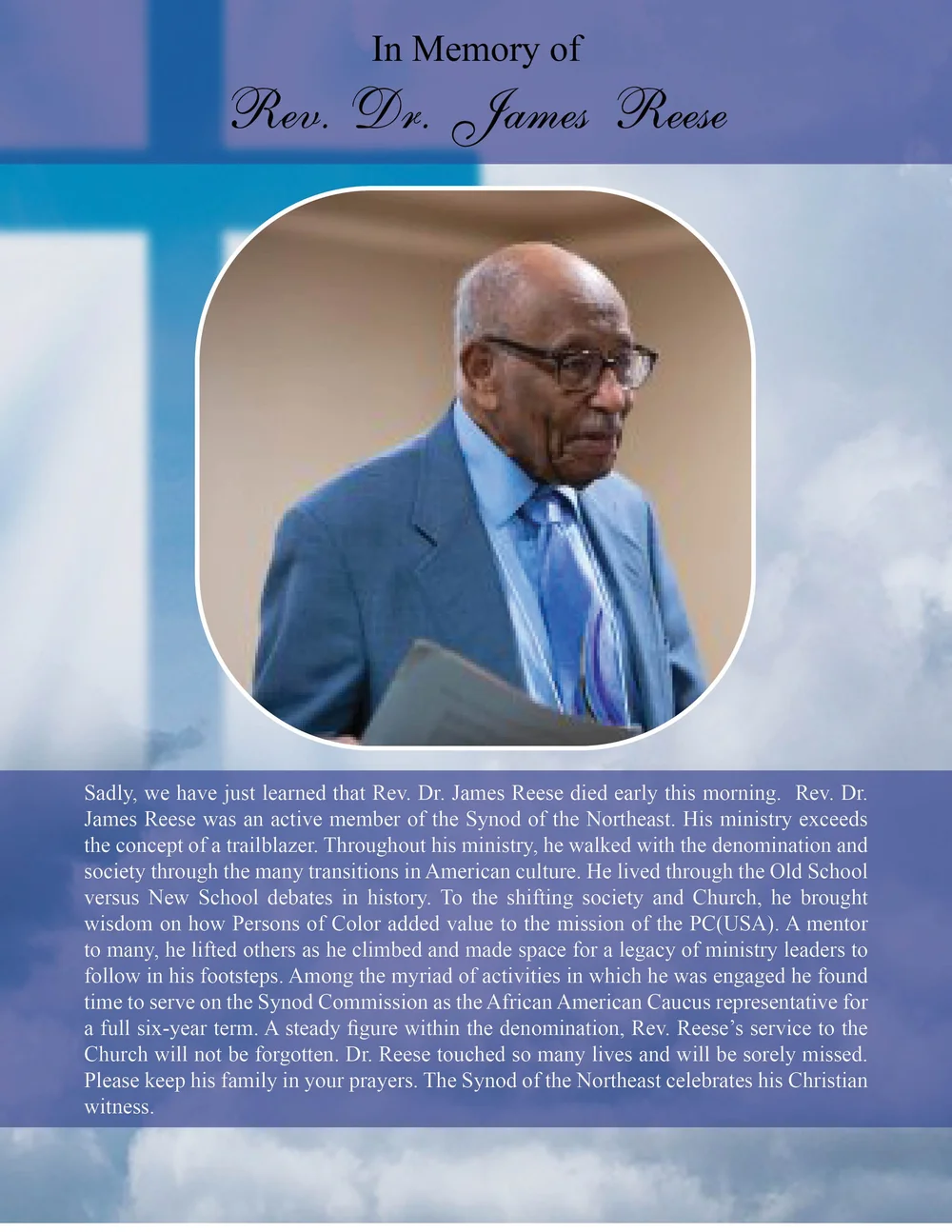 In Memory of Rev. Dr. James Reese — Synod of the Northeast