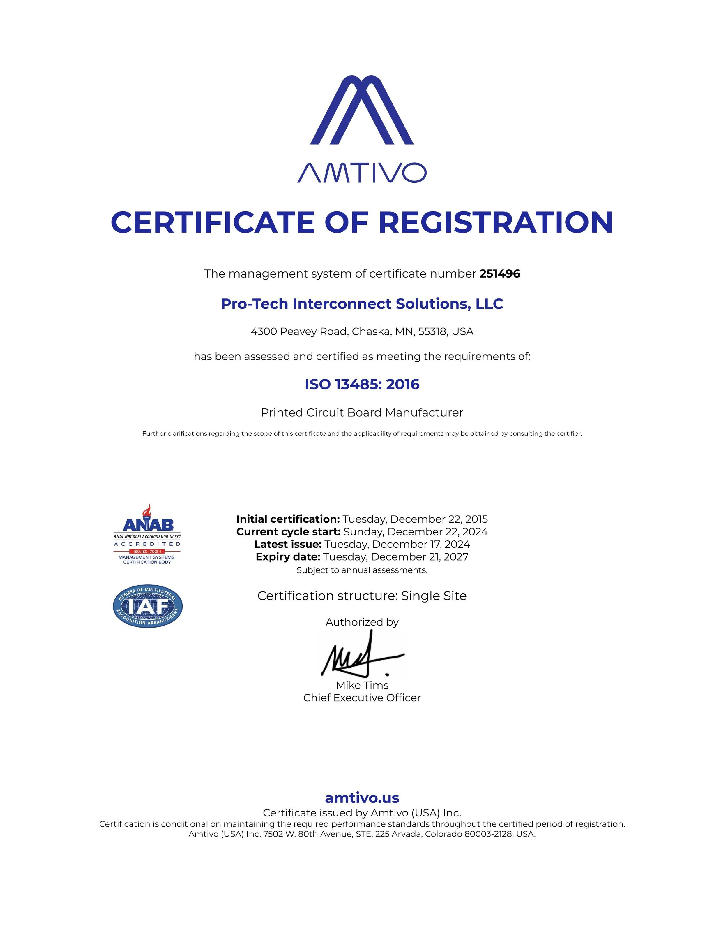 ISO 13485:2016 — Pro-Tech Interconnect Solutions, LLC