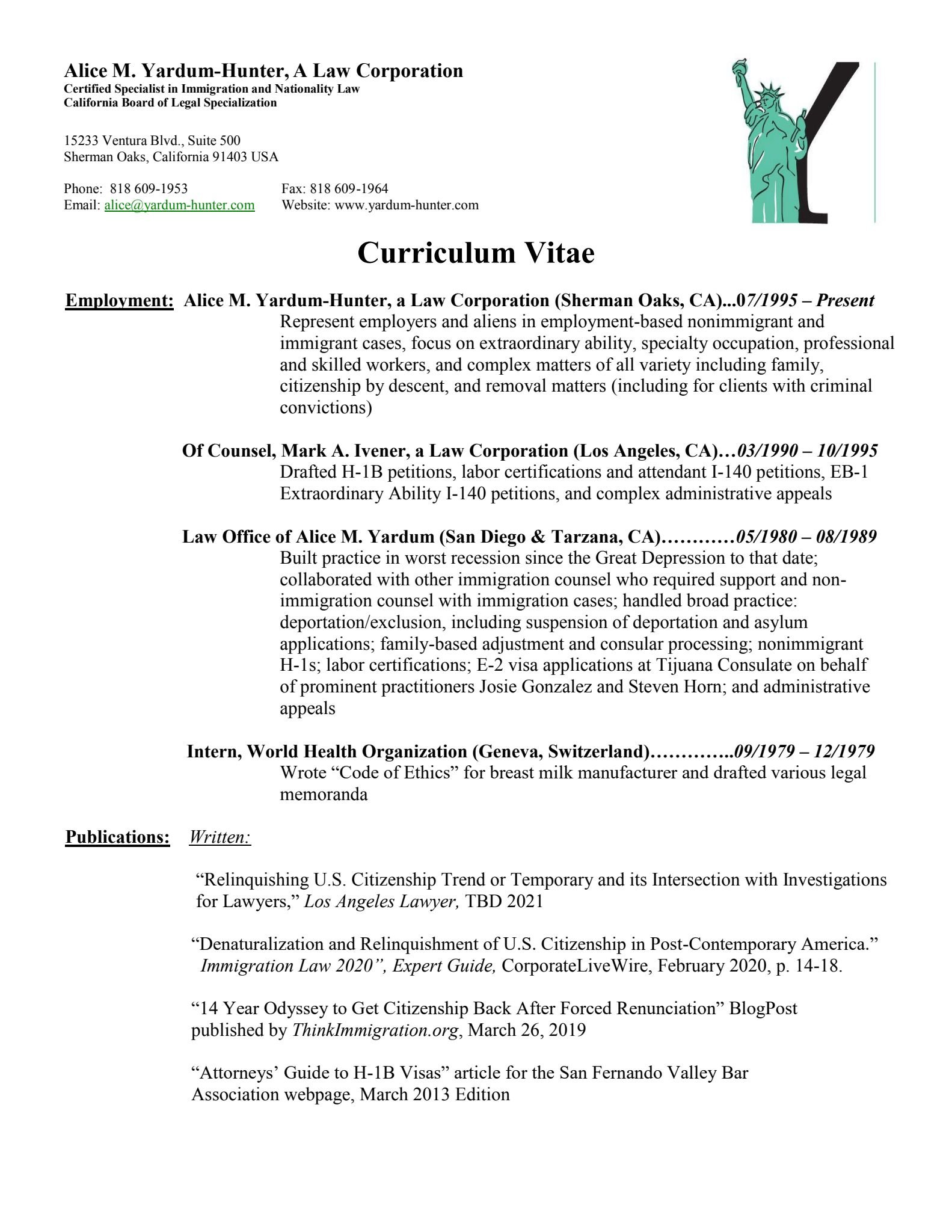 Curricula Vitae — Alice M. Yardum-Hunter, Immigration and Nationality ...