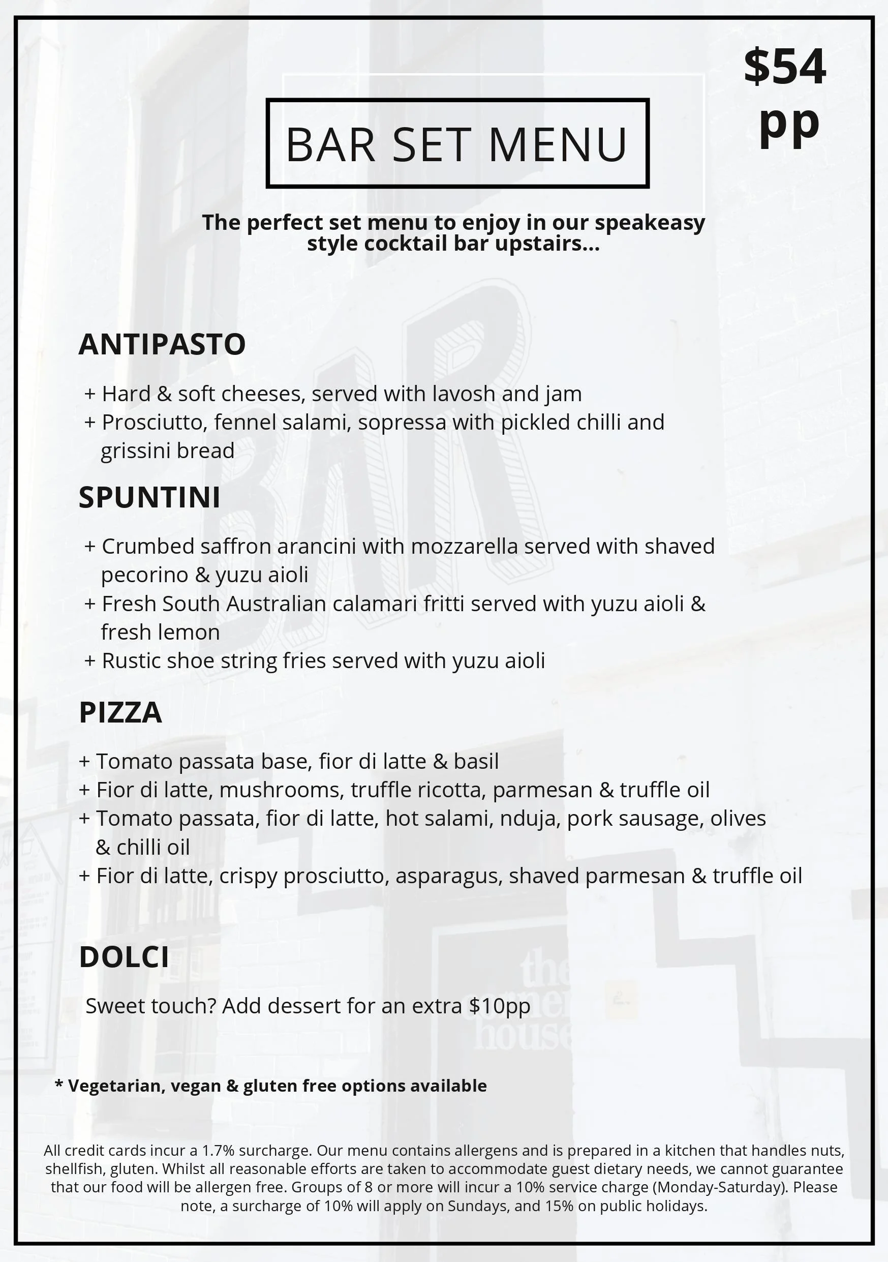 BAR Set Menu | The Corner House