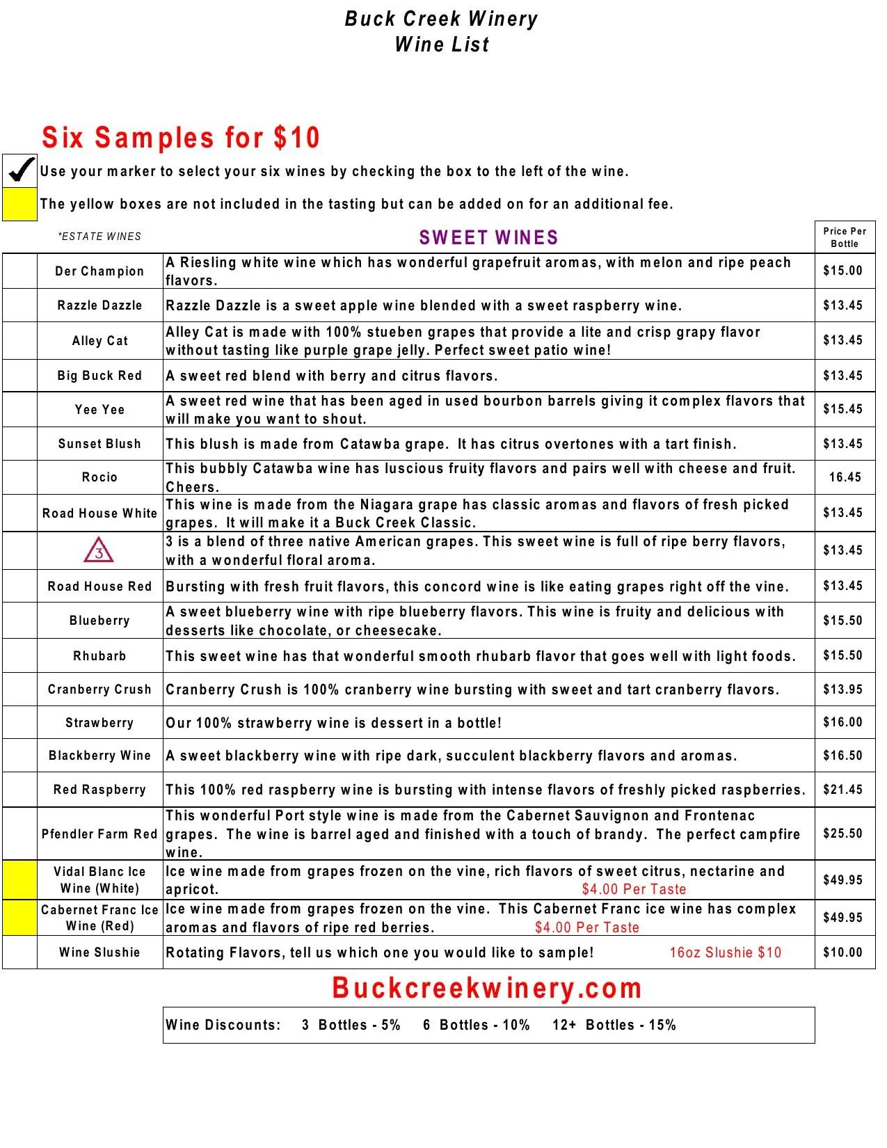 Current Wine List — Buck Creek Winery
