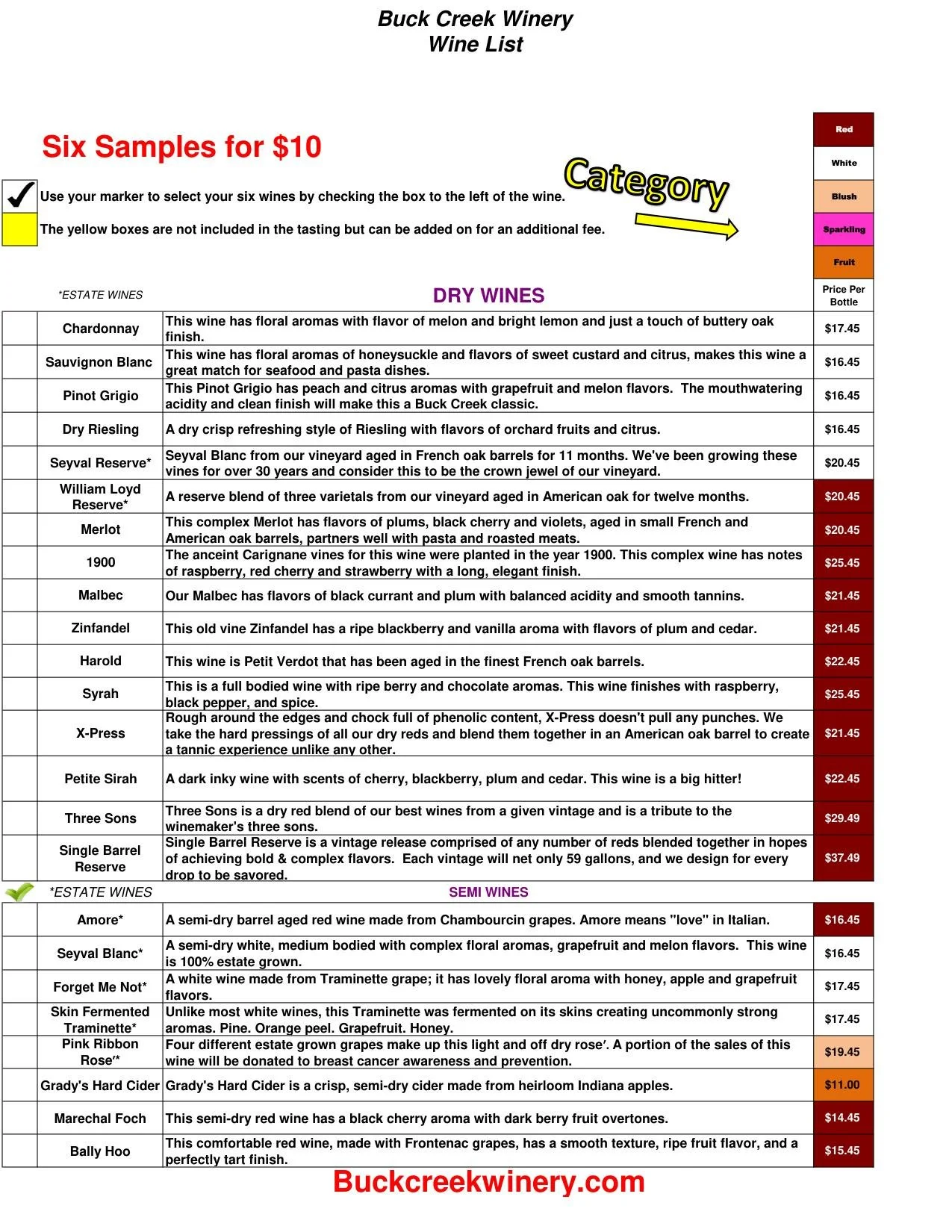 Current Wine List — Buck Creek Winery
