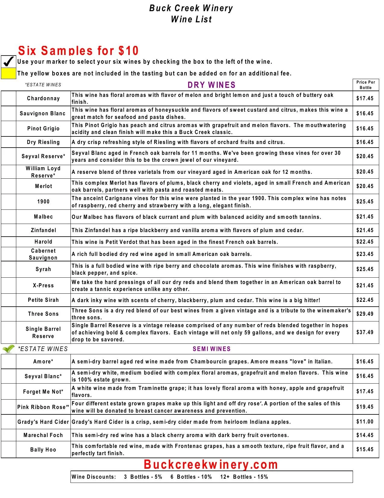 Current Wine List — Buck Creek Winery