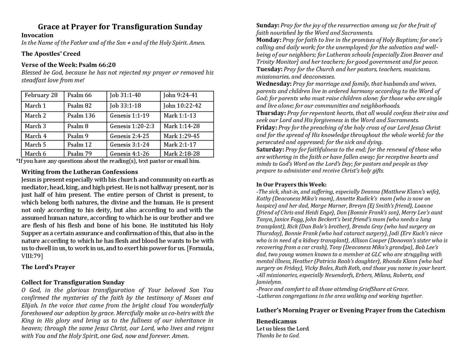 Grace at Prayer for Transfiguration Sunday — Grace Lutheran Church