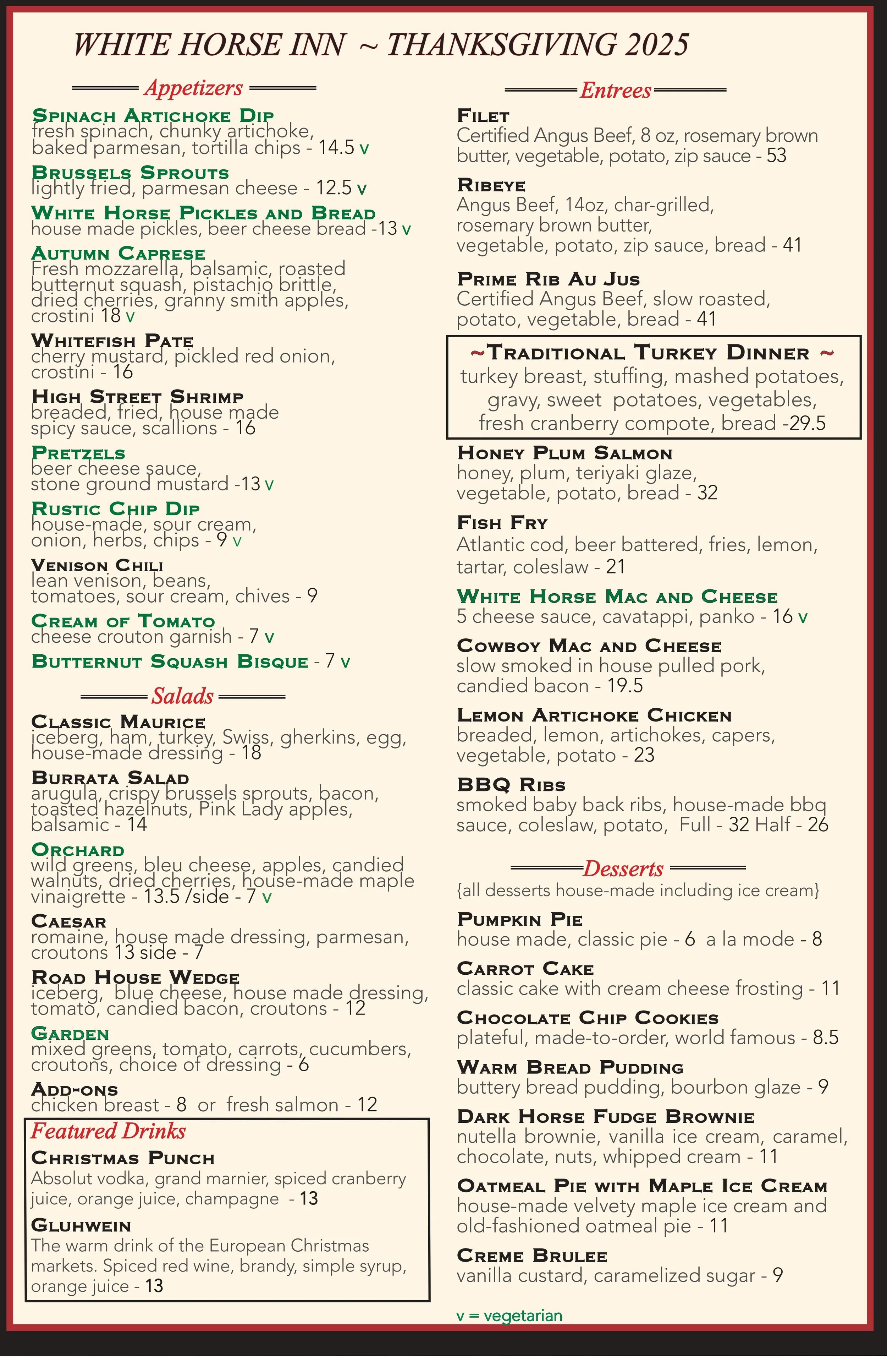 Limited Thanksgiving Menu at The White Horse Inn — White Horse Inn