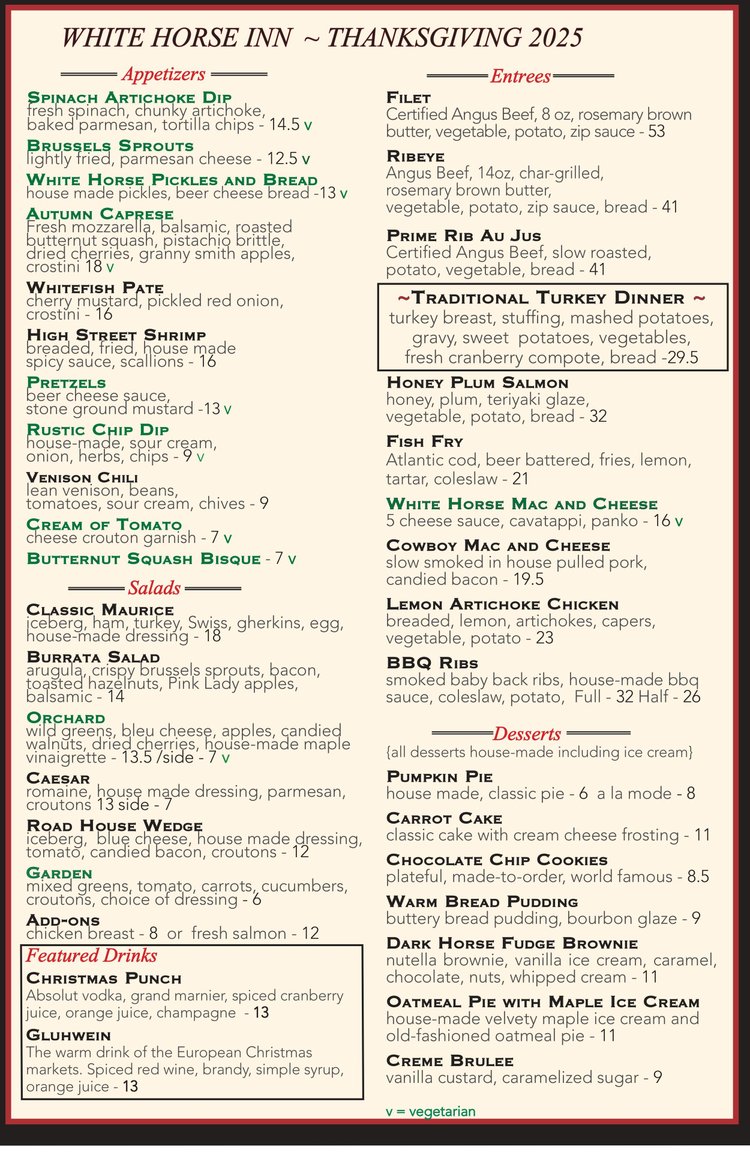 Limited Thanksgiving Menu at The White Horse Inn — White Horse Inn