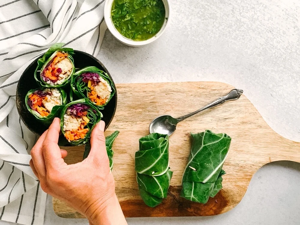 Collard Rainbow Rolls with Cilantro-Lime Vinaigrette — Rooted Life