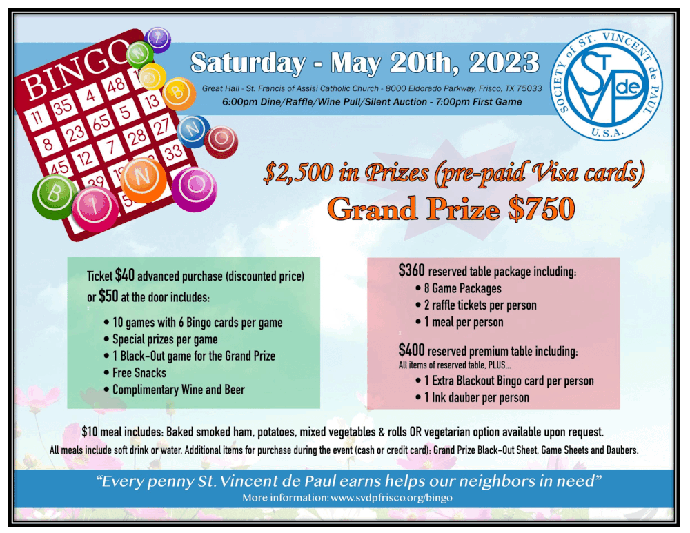Save the date for Bingo - May 20th — Society of St Vincent de Paul