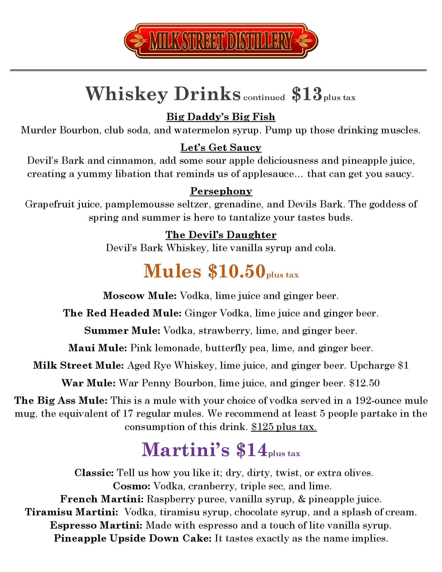 Our Menu — Milk Street Distillery
