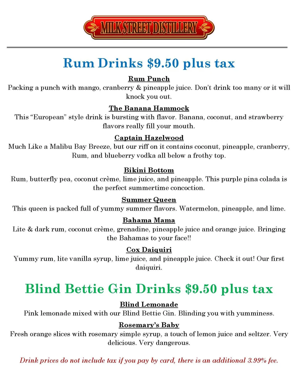 Our Menu — Milk Street Distillery