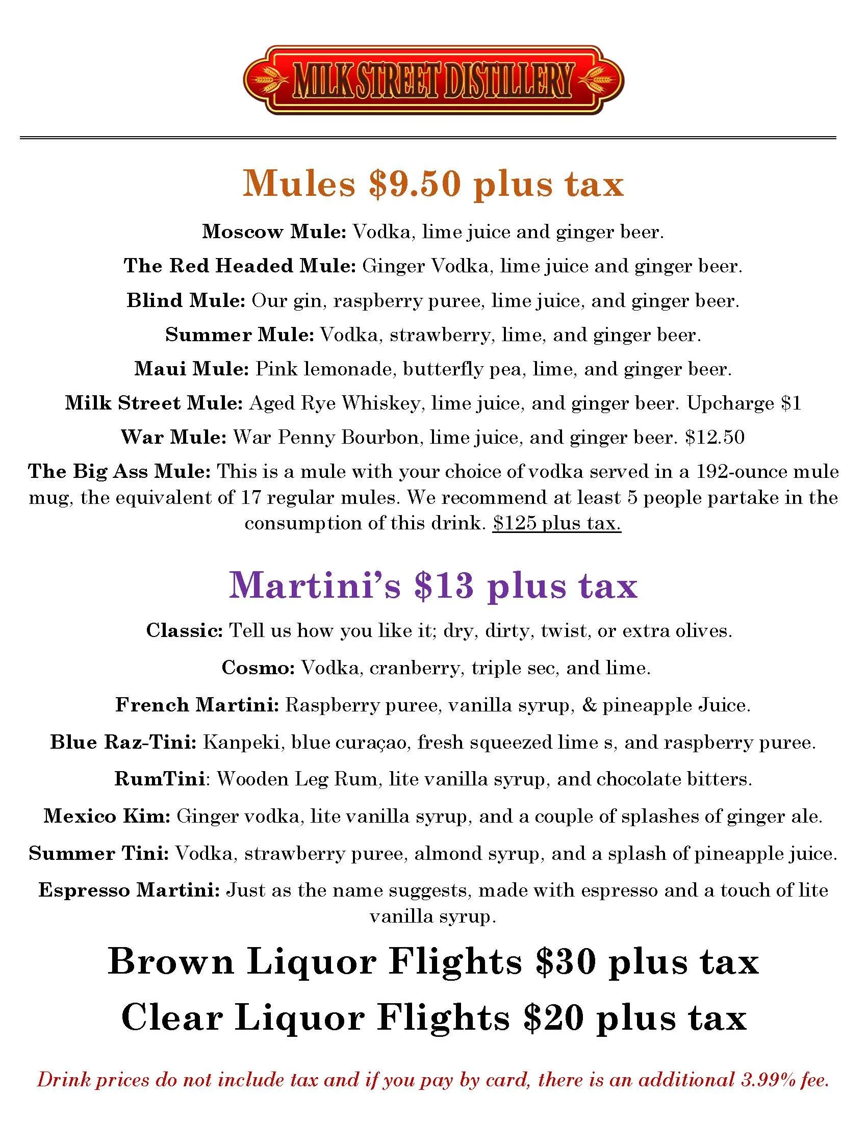 Our Menu — Milk Street Distillery