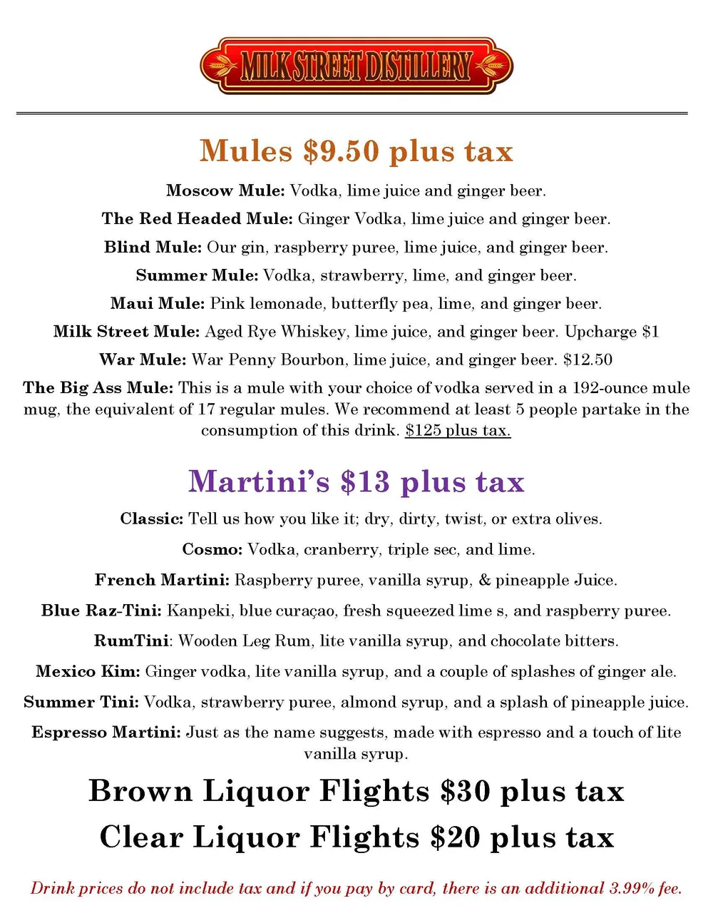 Our Menu — Milk Street Distillery