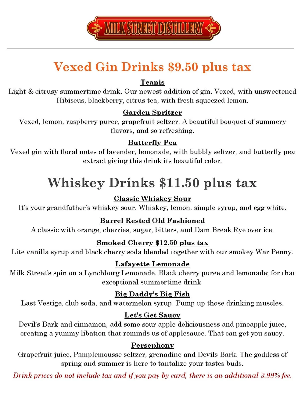 Our Menu — Milk Street Distillery