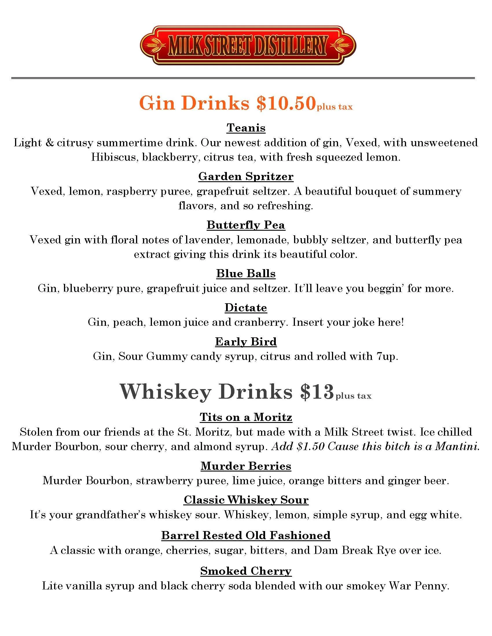 Our Menu — Milk Street Distillery