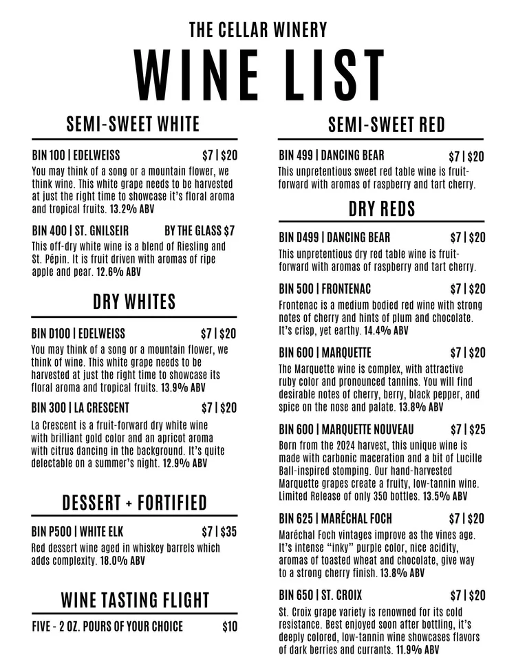 Tasting Room Menu | The Cellar Winery