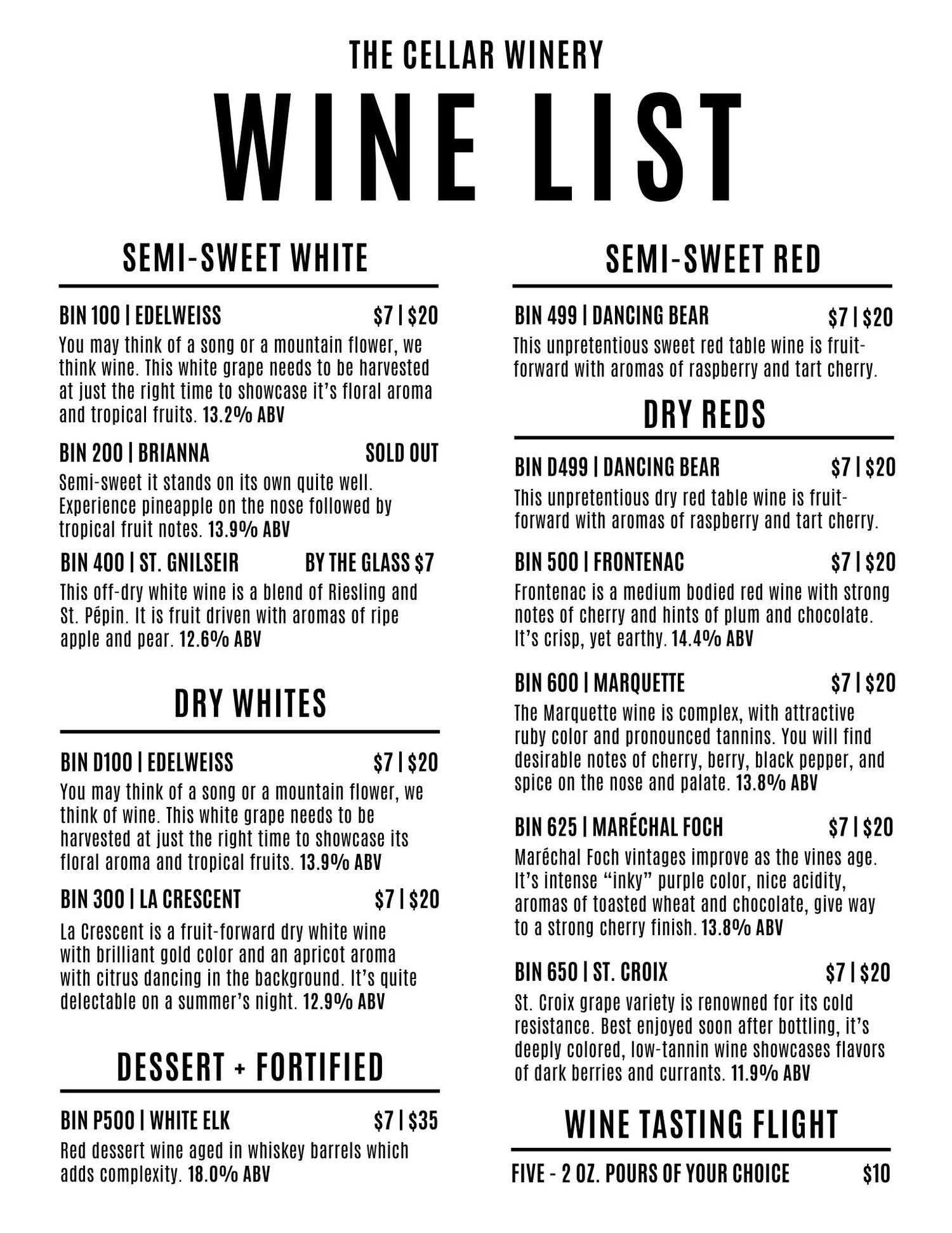 Tasting Room Menu | The Cellar Winery