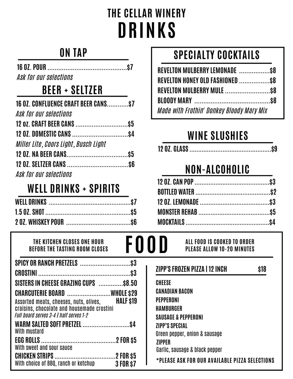 Tasting Room Menu | The Cellar Winery