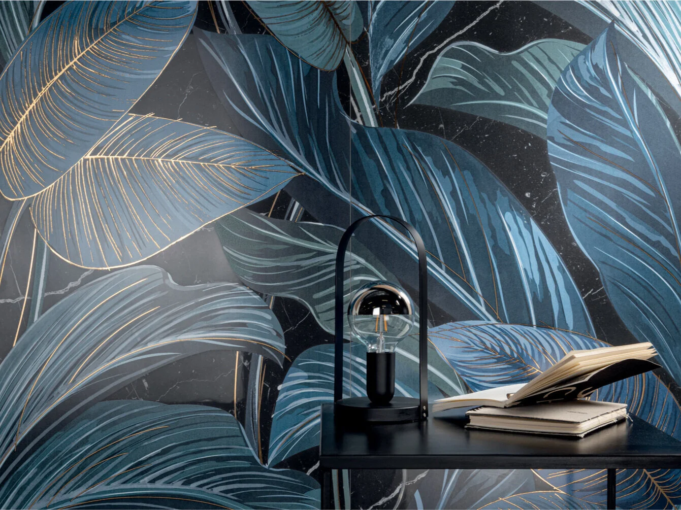 Black, Blue, and Gold Palm Leaf Porcelain Tile: Replicating Wall ...