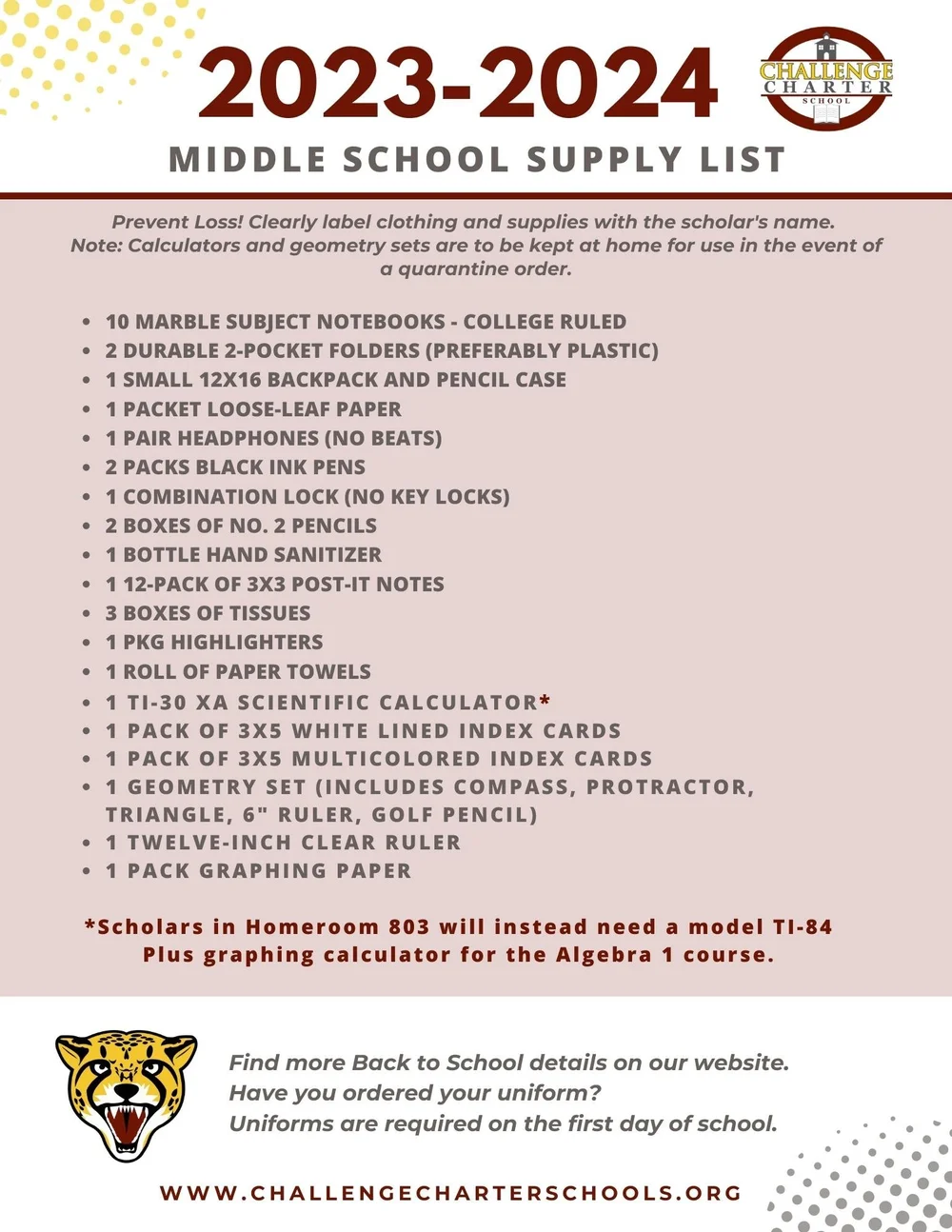 Middle School Back to School Info — Challenge Charter School