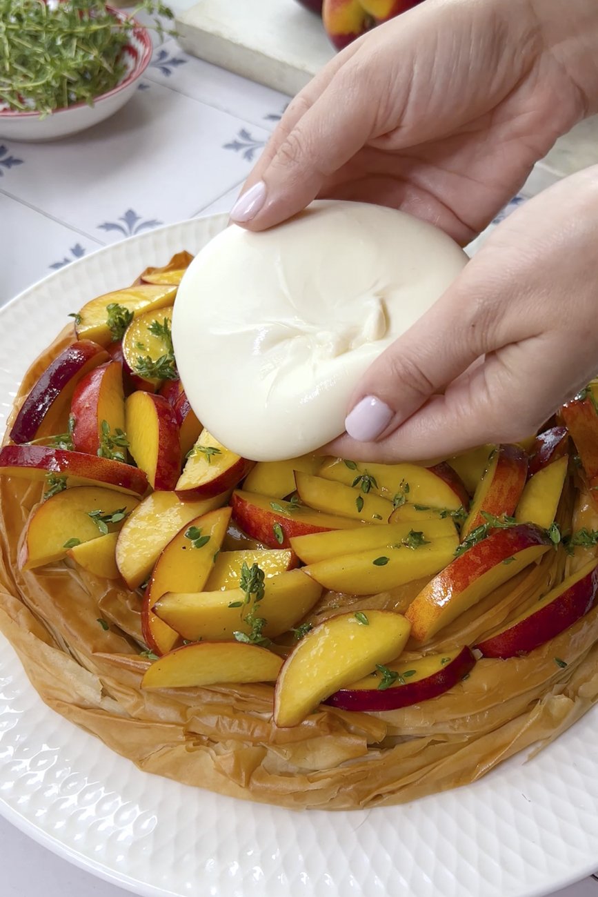 Peach and Burrata Fillo Crinkle Tart Recipe — Antoniou Fillo Pastry