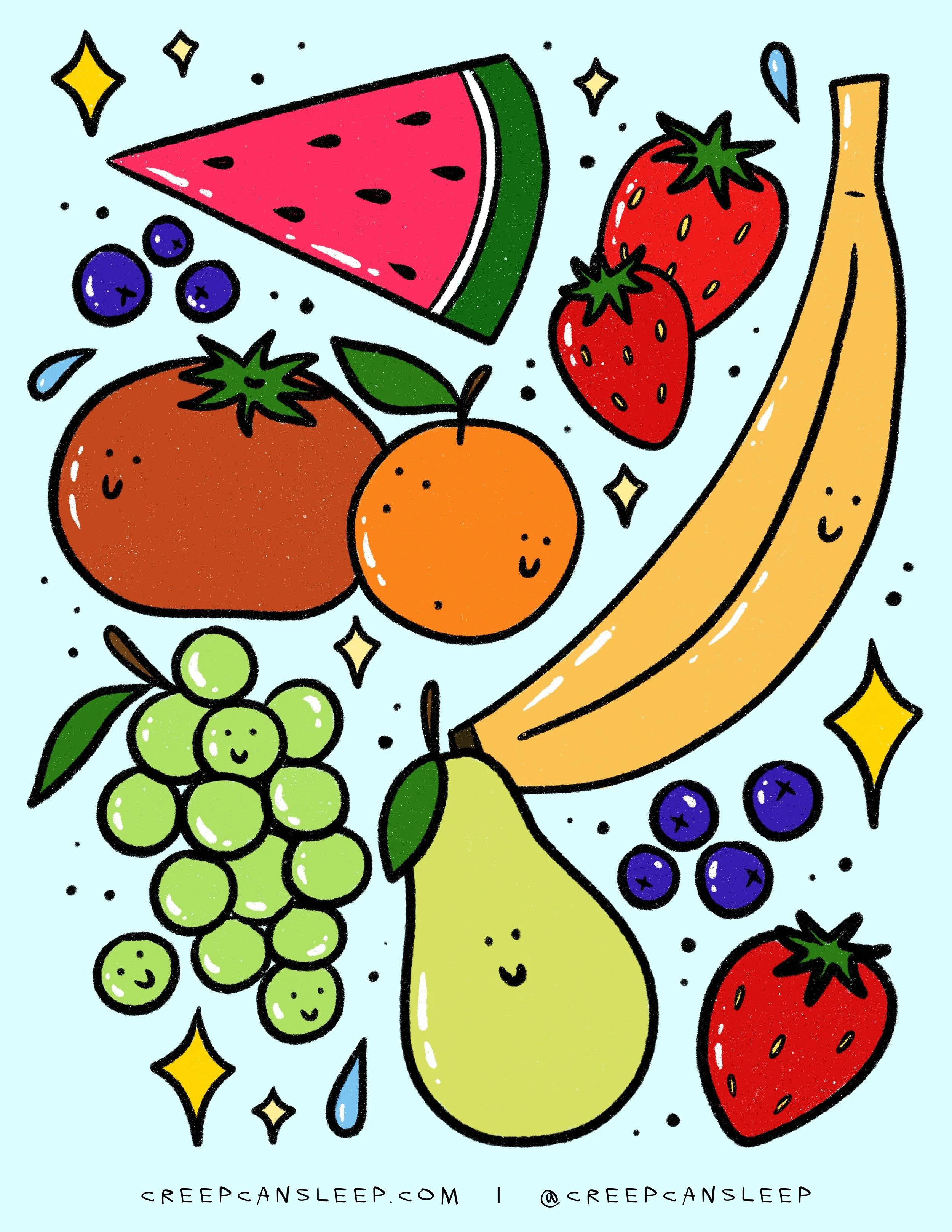 free! coloring page - happy fruit — creep can sleep