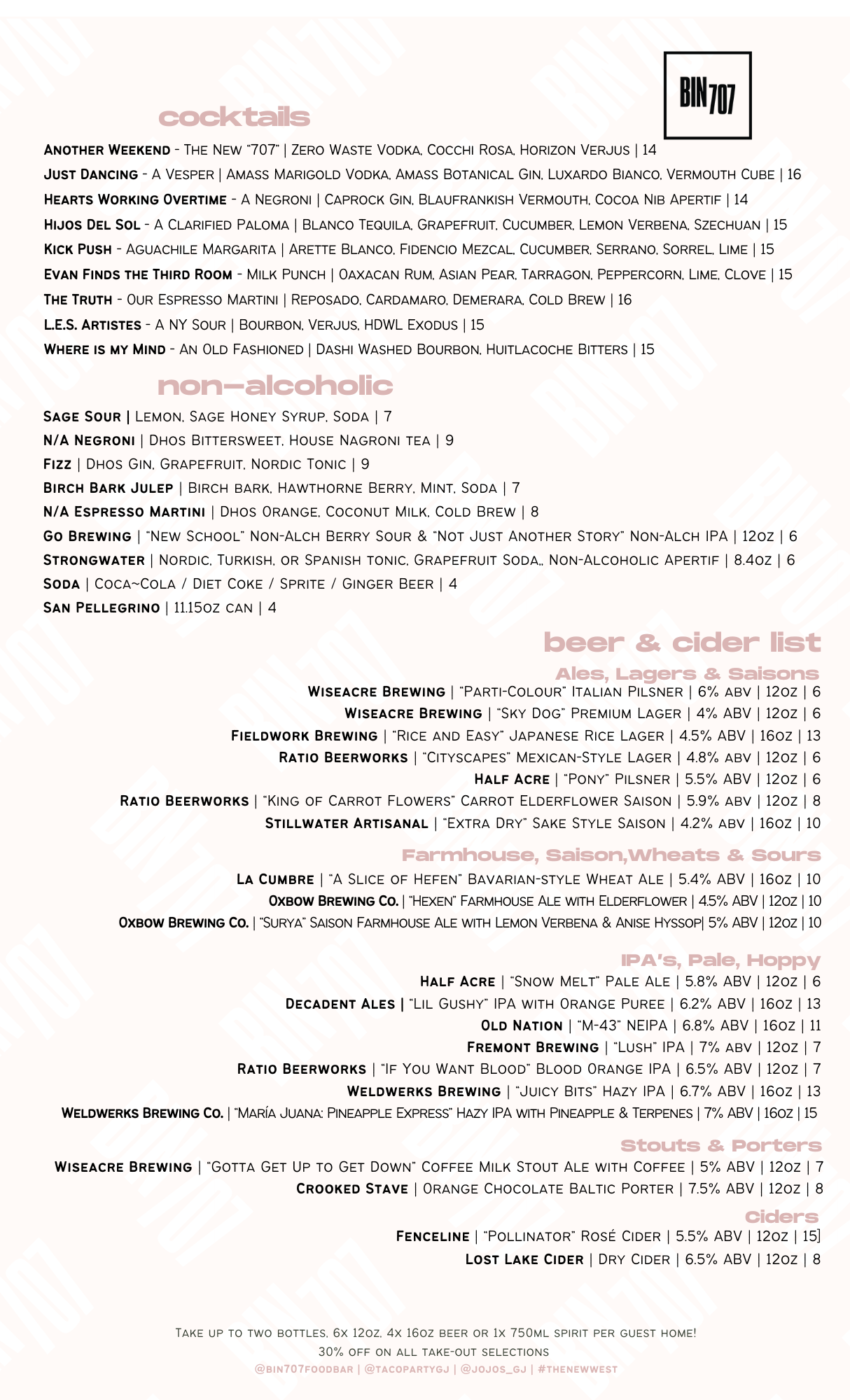 Menus — Bin 707 Foodbar