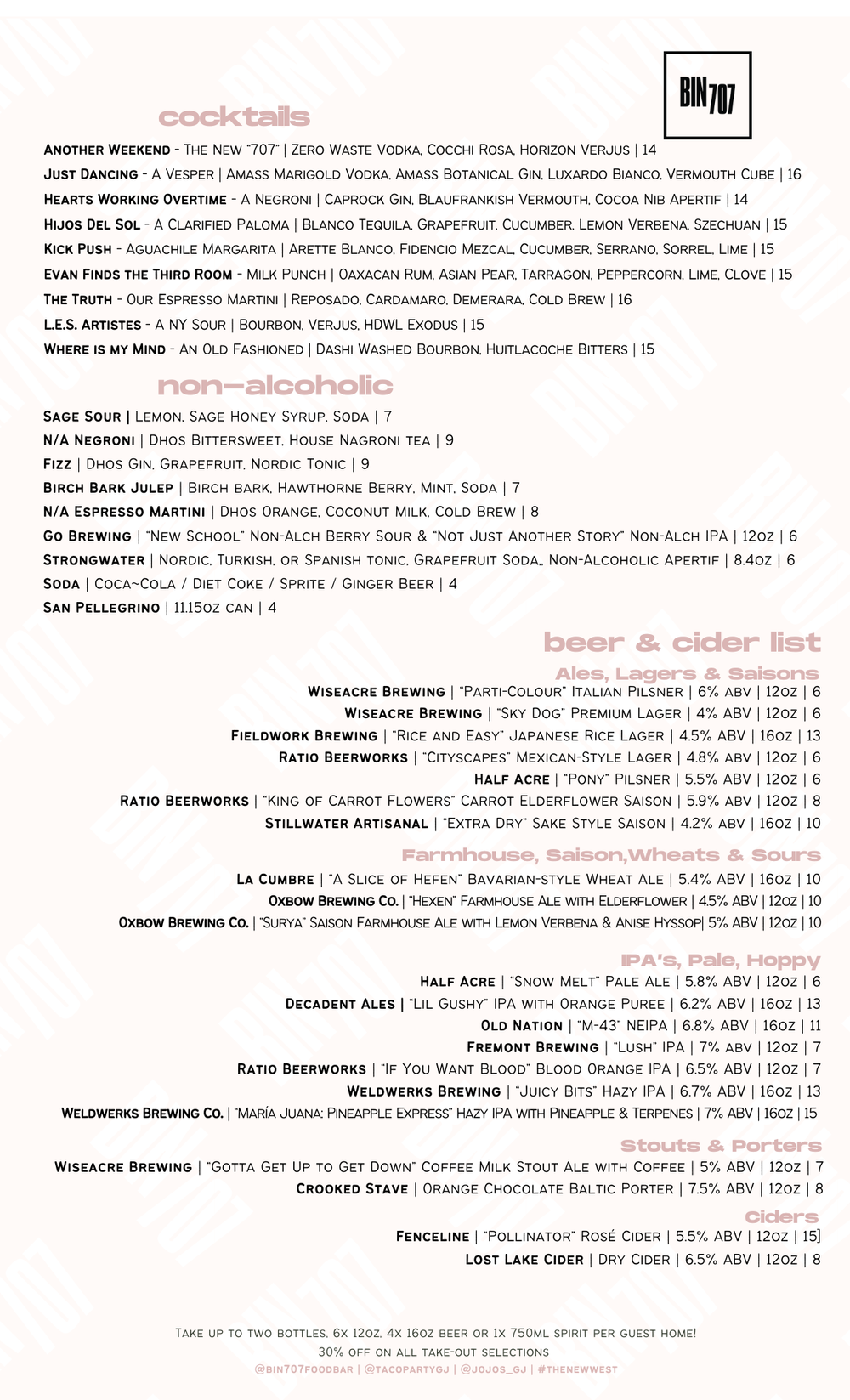 Menus — Bin 707 Foodbar