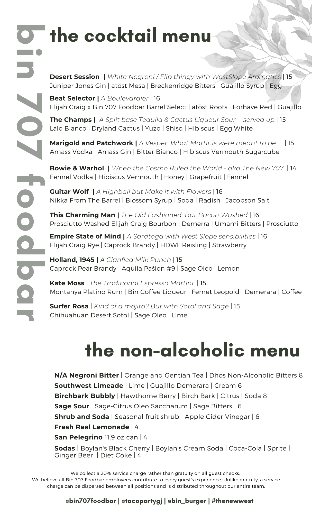 Menus — Bin 707 Foodbar