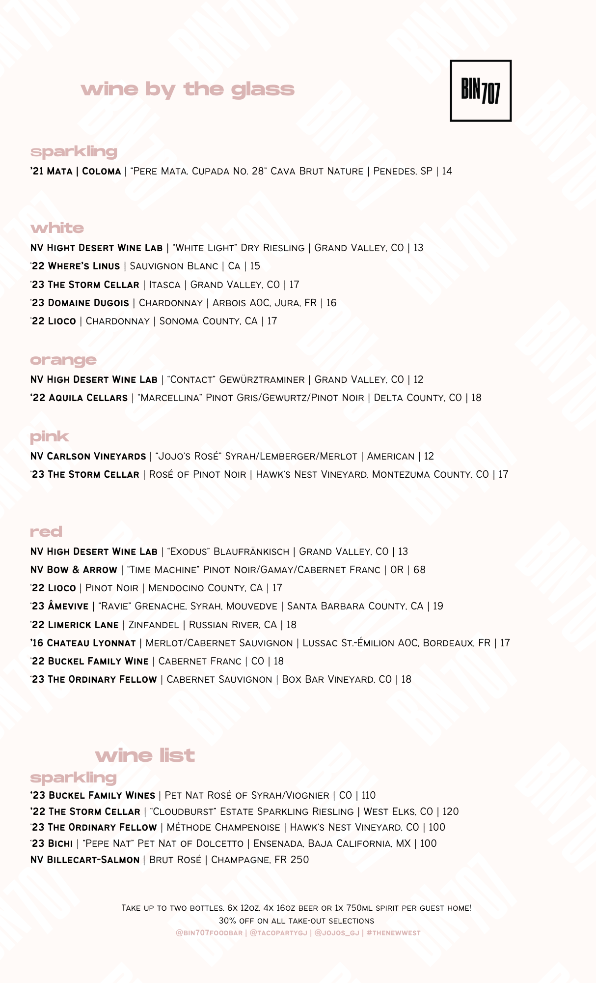 Menus — Bin 707 Foodbar