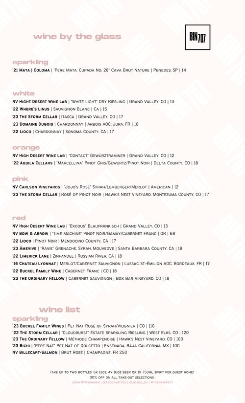 Menus — Bin 707 Foodbar