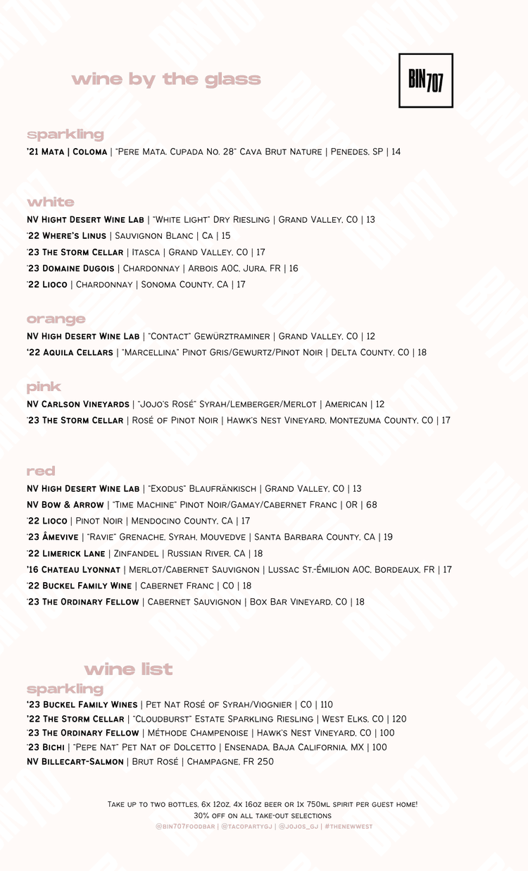 Menus — Bin 707 Foodbar