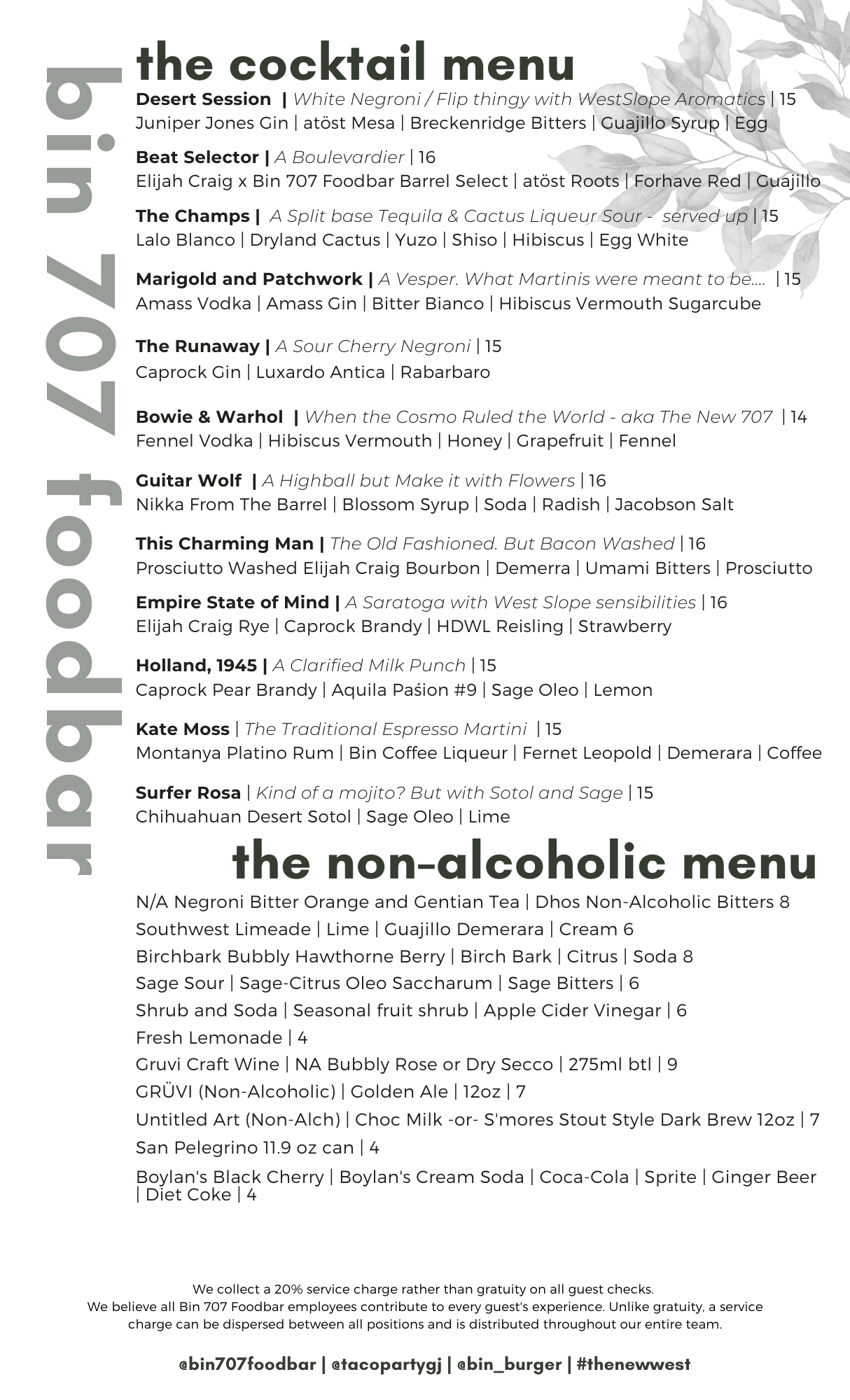 Menus — Bin 707 Foodbar