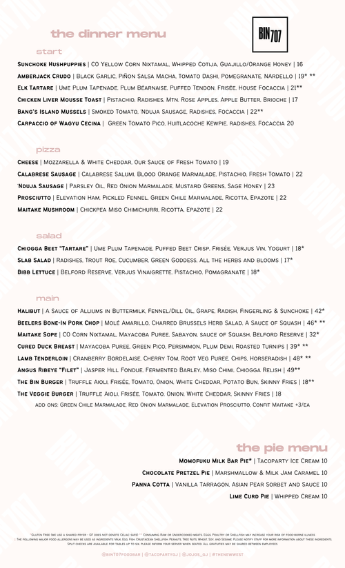 Menus — Bin 707 Foodbar