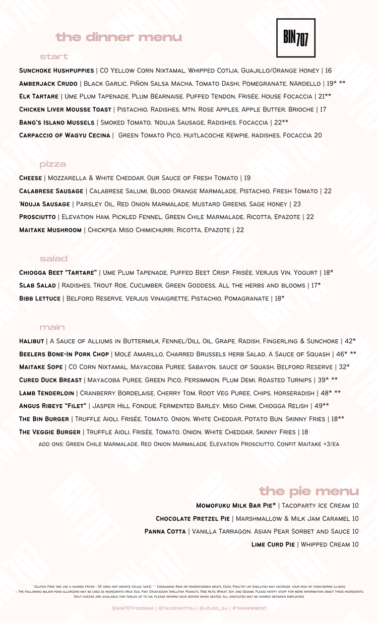 Menus — Bin 707 Foodbar