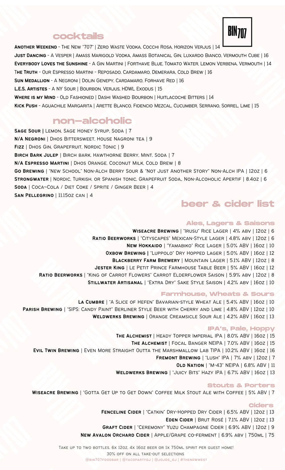 Menus — Bin 707 Foodbar